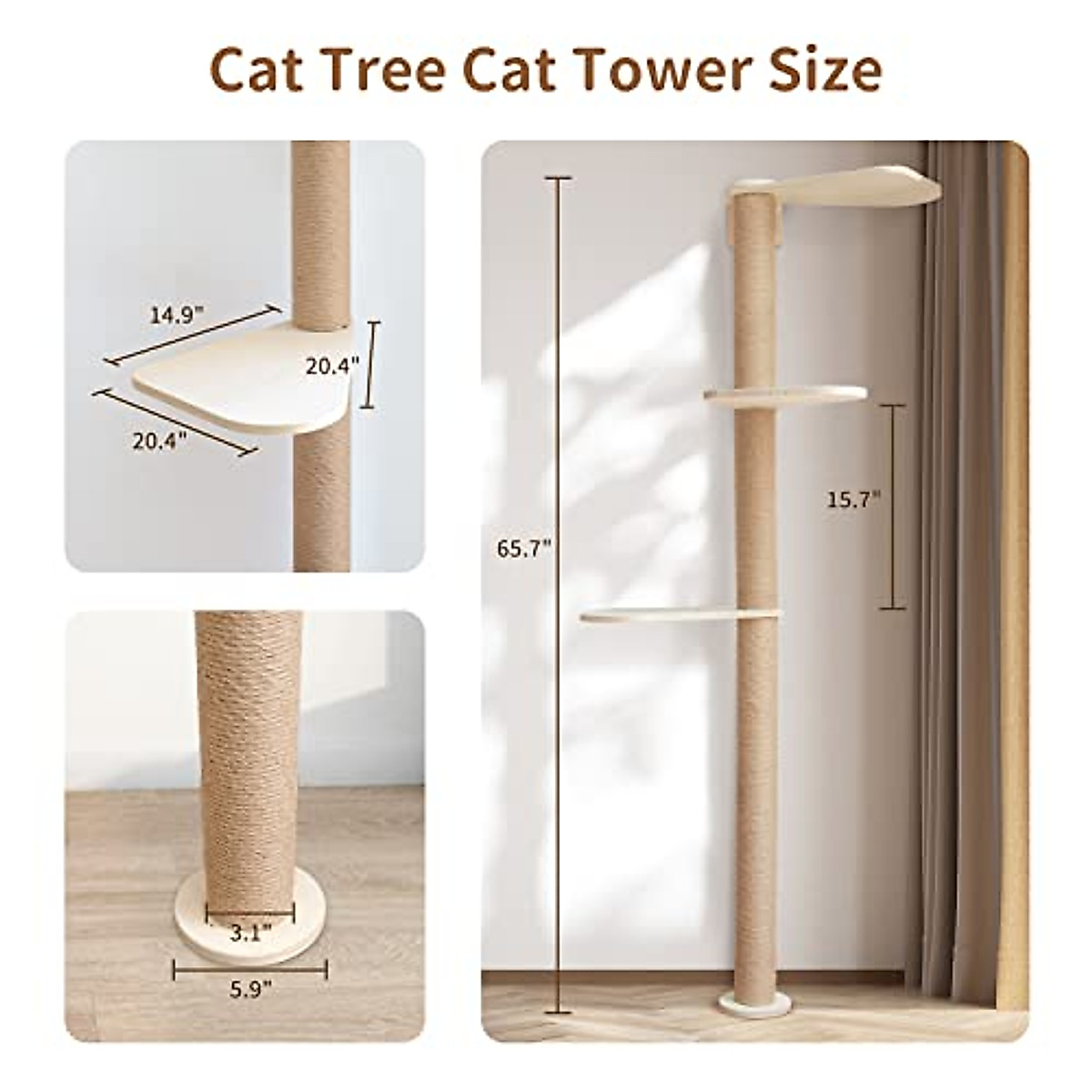 Wood Cat Tower Floor to Ceiling Adjustable, Cat Tree Tall Cat Scratching Post, Cat Wood Tree with 3-Tier Floor for Climb, Cat Climbing Tower Vertical with Natural Sisal Rope