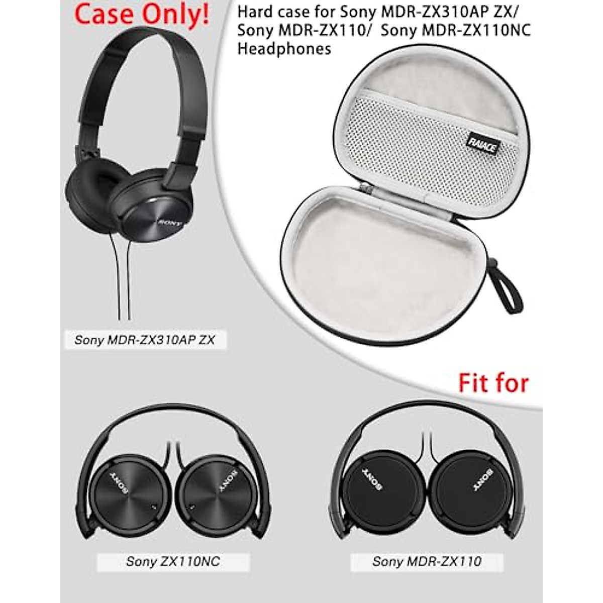 RAIACE Hard Storage Case Compatible with Sony MDRZX110NC & MDRZX110AP Noise Cancelling Headphones. (Case Only) - Black(Gray Lining)