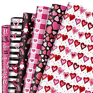 Whaline 12 Sheet Valentine's Day Wrapping Paper Pink Black Heart Gnome Plaid pattern Wrapping Paper Love Printed Art Paper for Wedding Anniversary Baby Shower Birthday Gift Packing, 19.7 x 27.6 Inch