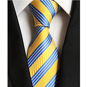 Men's Modern Repp Striped Blue and Yellow Jacquard Woven Silk Tie Casual Necktie