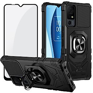Ailiber for TCL 40 XE Case, TCL 40 X Case with Screen Protector Tempered Glass, Ring Kickstand for Magnetic Car Mount, Military Grade, Heavy Duty Shockproof Phone Cover for TCL 40 X 5G T609M-Black