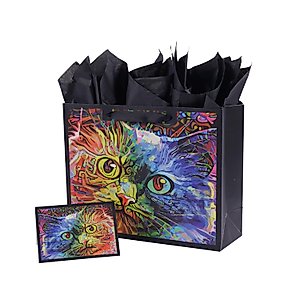 ysmile Premium Black Gift Bag with Wrapping Tissue Boutique Paper Bag with Handle Large Size for Women Men 12 Inch - Cat