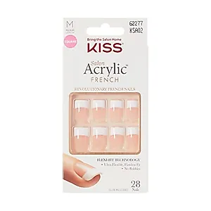 KISS Salon Acrylic French Nail Manicure Set, Medium Length, Square, “ Sugar Rush”, Nail Kit Includes Pink Gel Nail Glue (Net Wt. 2 g / 0.07oz.), Mini File, Manicure Stick, and 28 Fake Nails