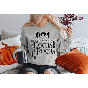 KIDDAD It's Just A Bunch of Hocus Pocus T-Shirt Women Halloween Sanderson Sisters Long Sleeve Crewneck Casual Pullover Tops Light Gray