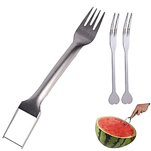 Watermelon Slicer Fork and 2pcs Fruit Forks, Fruit Cutting Fork 2-in-1 Watermelon Fork Slicer Cutter Stainless Steel Fruit Fork Cutter for Party Camping