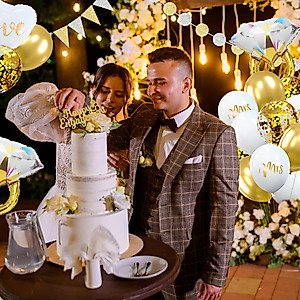 BANBALLON Engagement Party Decorations Gold and White Banner Balloons Cake Toppers Mrs and Mr Balloons Decorations for Engagement Theme Party Wedding Bridal Party Decorations Supplies (Style 01)