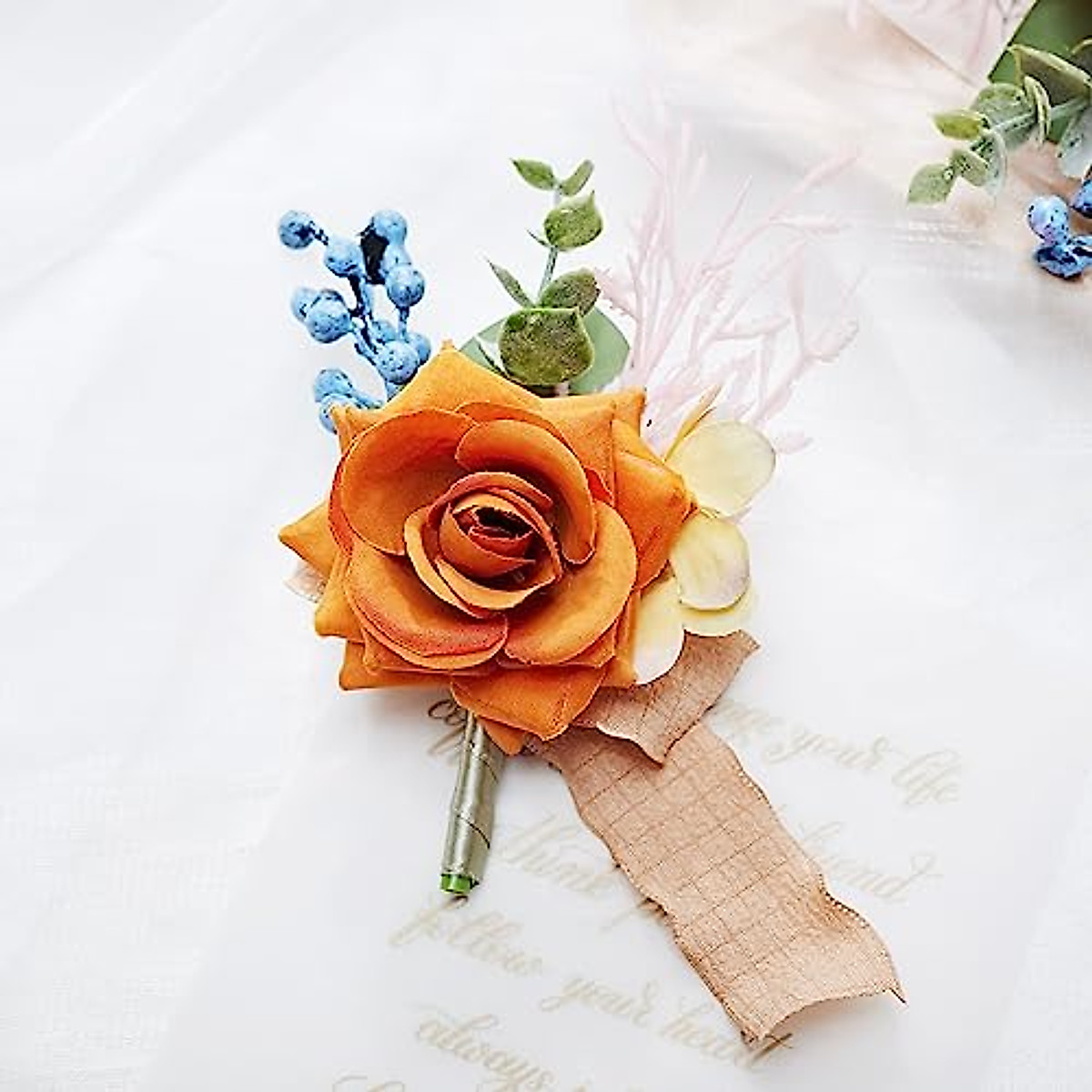 AJOYEGG Wrist Corsage and Boutonniere Set: Corsage Wristlet Band Bracelet Flower and Men Boutonniere Rose Flower Set for Wedding Prom Suit Decoration(Burnt Orange)
