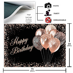 Avezano Rose Gold Birthday Backdrop for Girls Women Happy Birthday Party Decoration Photoshoot Black Rose Gold Glitter Balloon Bday Party Photography Background (7x5ft)