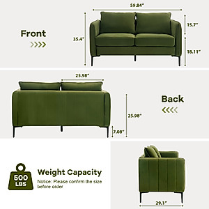 Linyuanwai Velvet Loveseat Sofa, 50" Modern 2 Seaters Couch Comfy Upholstered Love Seat with 2 Pillows Metal Legs for Livingroom,Bedroom, Apartment,Small Space, Green