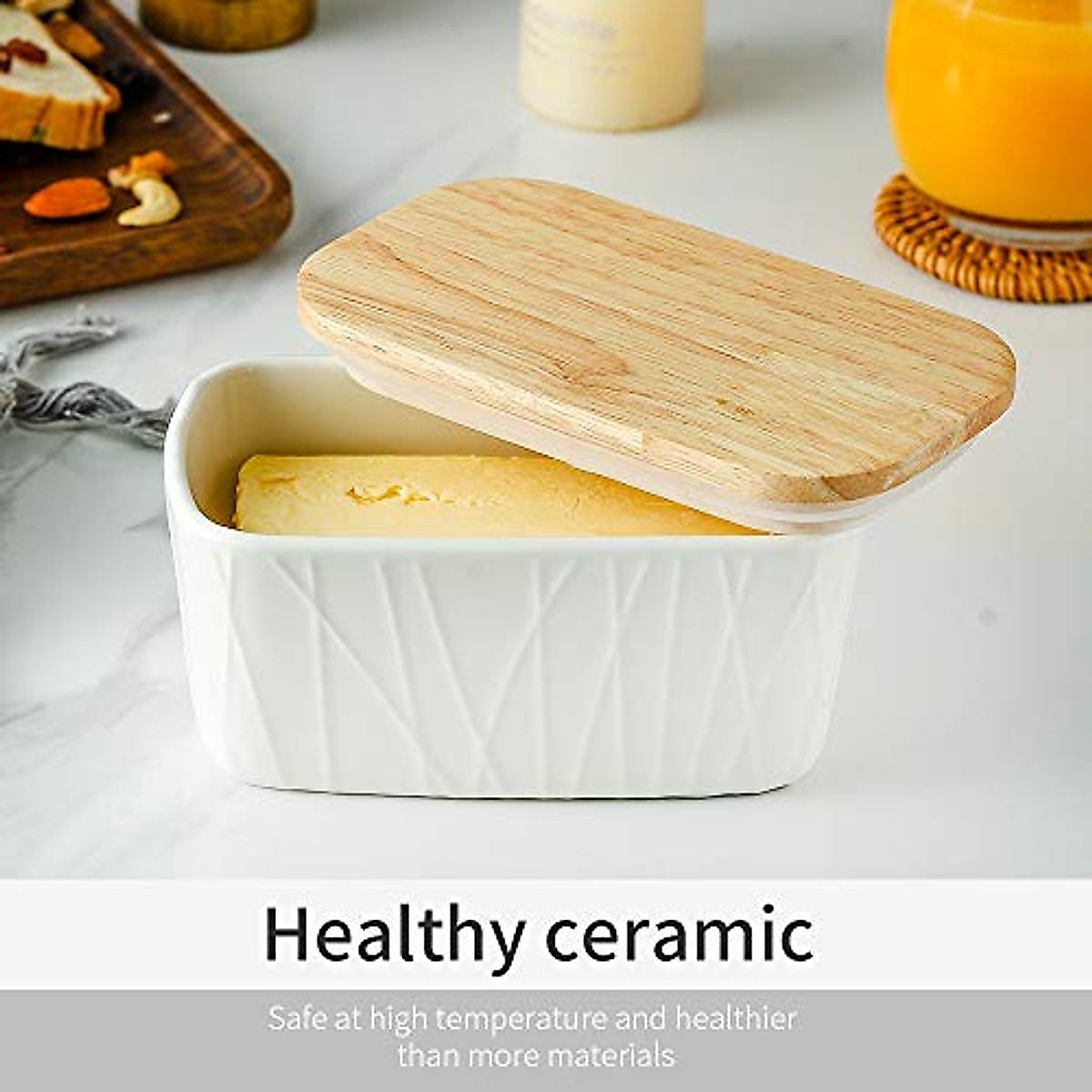 KOOV Porcelain Large Butter Dish with Lid for Countertop, Airtight Butter Container with Oak Lid, Butter Crock, Perfect for 2 Sticks of Butter, Irregular Striped Series (White)