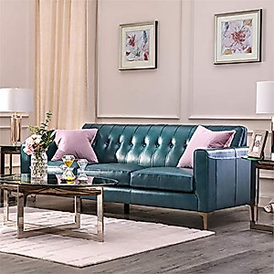 MAKLAINE 86" Top Grain Genuine Leather Tufted 3 Seater Sofa, Mid Century Modern Couch with Excellent Craftsmanship, Turquoise