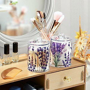 ALAZA 2 Pack Qtip Holder Dispenser for Cotton Ball Purple Lavender Bouquet 1 Cotton Swab Cotton Round Pads Clear Plastic Acrylic Jar Set Bathroom Canister