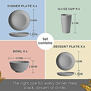 Teivio 24-Piece Kitchen Plastic Wheat Straw Dinnerware Set, Service for 6, Dinner Plates, Dessert Plate, Cereal Bowls, Cups, Unbreakable Plastic Outdoor Camping Dishes, Grey