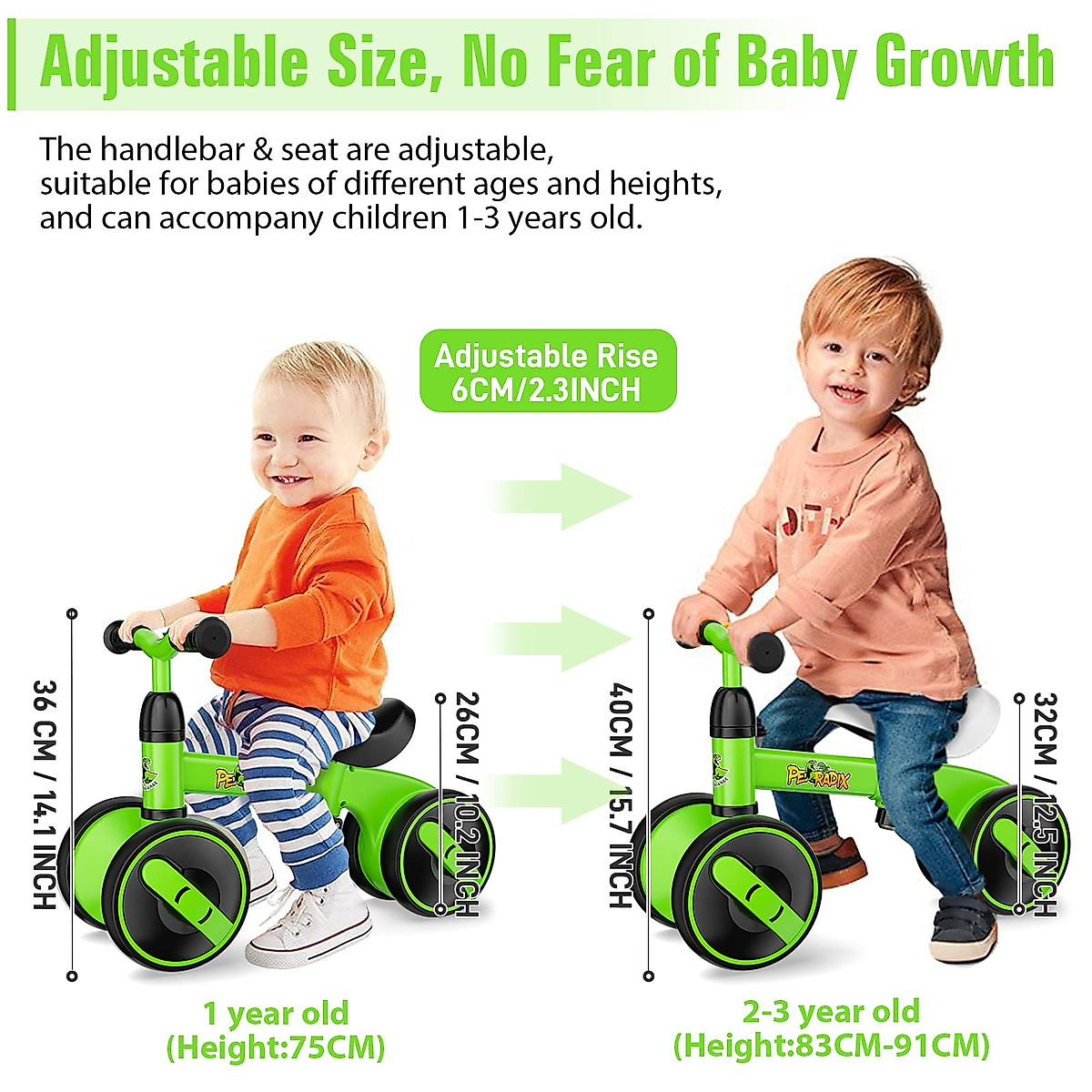 Peradix Baby Balance Bike for 1 2 Year Old, Toddler Bike 10-36 Months Riding Toys with Adjustable Seat and Handlebar, Train Baby from Standing to Running, 1st Birthday Gifts for Boys Girls(Green)