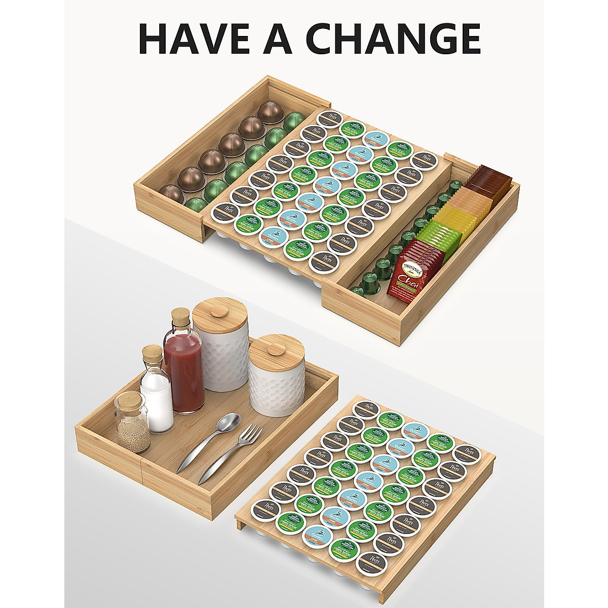 WELL WENG Larger Expandable Bamboo Coffee Pod Holder for Counter Drawer - Compatible with K-Cup Pods - Tea Bags Storage (Natural)