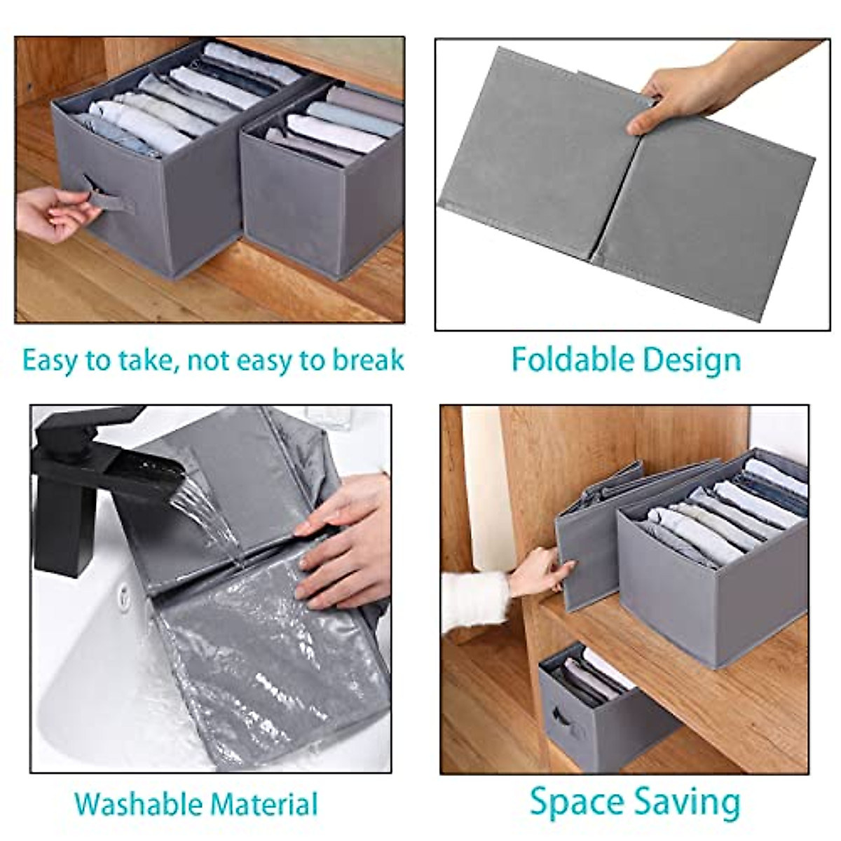 Wardrobe Clothes Organizer for Jeans,4PCS Foldable Jeans Organizer,Pant Organizer for Drawer for Clothes T-shirt Leggings Jeans and Pants Organization，7+9 Grids，Grey