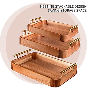 Wood Serving Tray with Handles,Decorative Tray Set of 3 with Nesting Stacking Design,Rustic Ottoman Tray for Kitchen Counter/Coffee Table/Living Room Decor,Versatile Tray for Party Picnic Barbecue