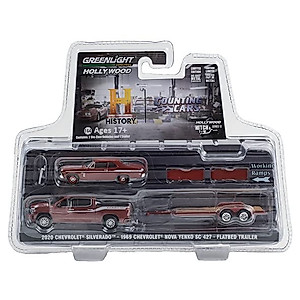 Greenlight 31160-C Hollywood Hitch & Tow Series 12 - Counting Cars - 2020 Chevry Silverado High Country with 1969 Chevy Nova Yenko SC 427 on Flatbed Trailer 1/64 Scale