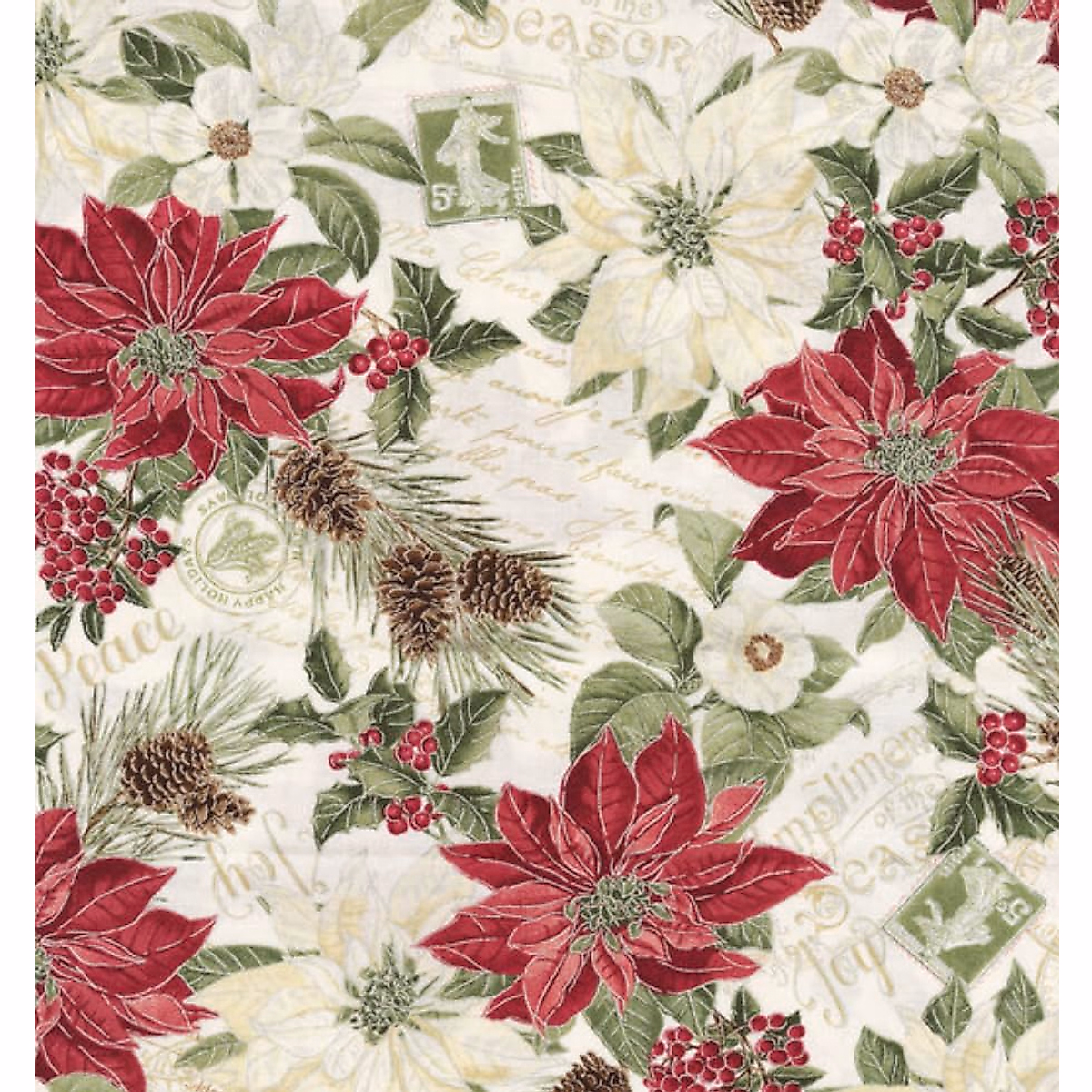 Traditional Christmas Poinsettia and Pinecone Cotton Precut Fabric - One Yard