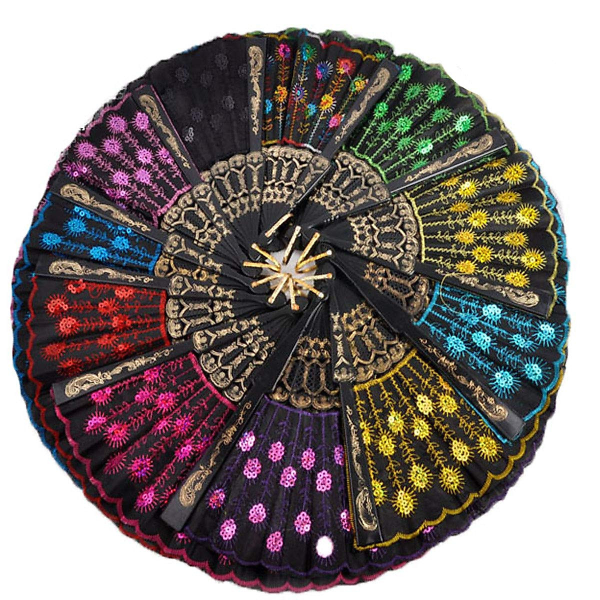Winture 10 PCS Peacock Hand Fans, Spanish Folding Hand Fan, Flower Dancing Fans,Summer Handheld Folding Fans Party Favors for Girls Women (Embroidered Peacock Tail Pattern)