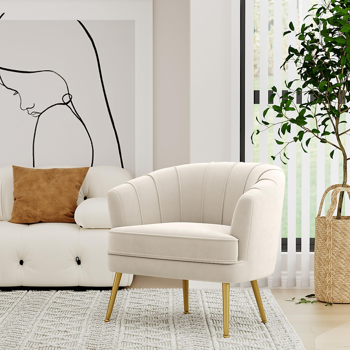 SHINEBOOM Velvet Accent Chairs for Living Room Bedroom Office Leisure Upholstered Single Sofa Chair Arm Chair Comfy Chair Reading Club Coffee Chair with Metal Legs, Beige