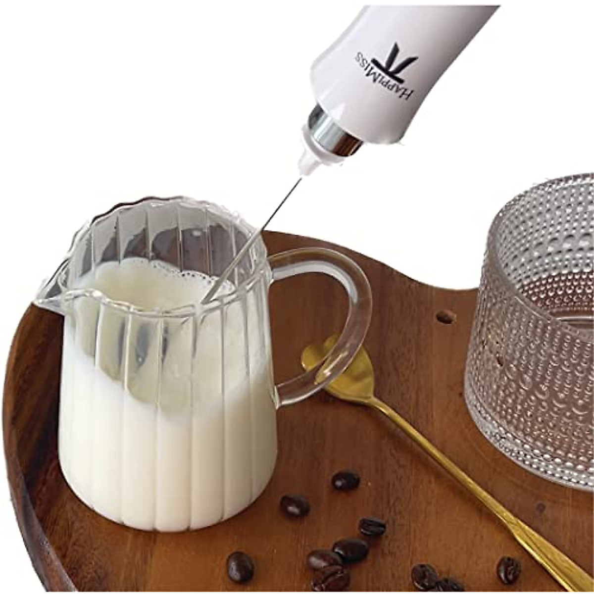 HappiMiss Milk Frother USB Rechargeable - 3 whisks: Wire for Making Perfect Fluffy Foam Lattes, Matcha, Macchiatos, Cappuccino, Butter Coffee, Hot Chocolate, Cold Foam - Snowy Day White
