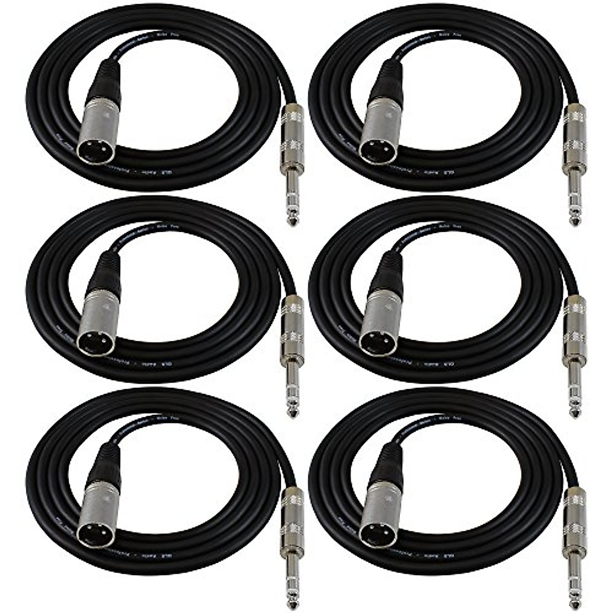 GLS Audio 6ft Patch Cable Cords - XLR Male to 1/4" TRS Black Cables - 6' Balanced Snake Cord - 6 PACK