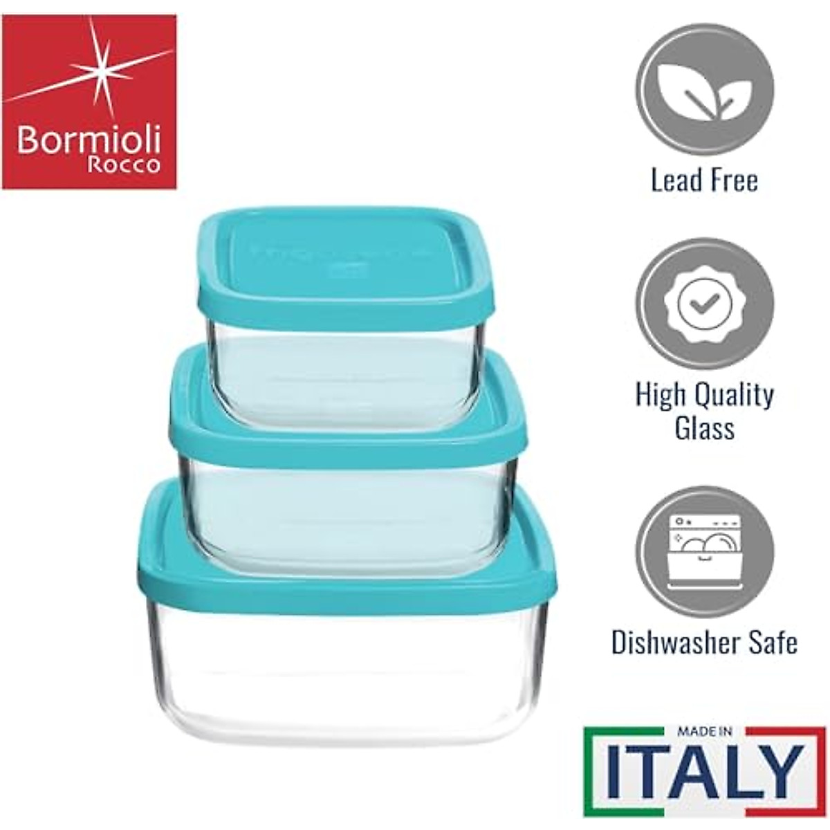 Bormioli Rocco Frigoverre Square Glass Food-Storage Containers with Lids, Set of 3, Clear