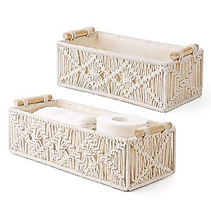 Mkono Macrame Storage Baskets Boho Decor Box Handmade Woven Decorative Countertop Toilet Tank Shelf Cabinet Organizer for Bedroom Livingroom Home, Set of 2, Ivory