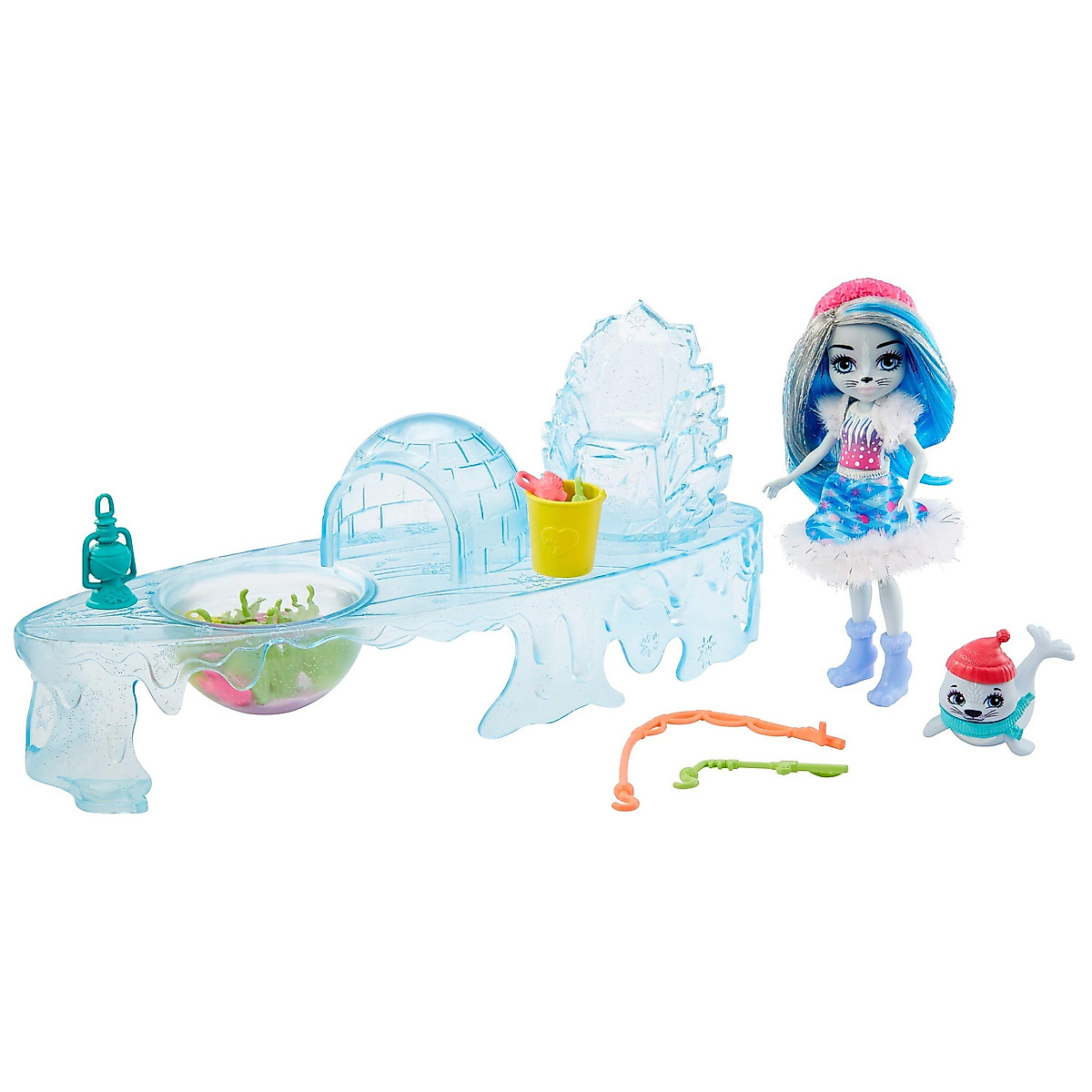 Mattel Enchantimals Fishing Friends Ice Fishing Playset with Sashay Seal Small Doll (6-in) & Blubber Animal Figure, Add Water and Use Poles to Catch Fish, Great Gift for 3-8 Year Olds