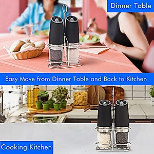 Gravity Electric Salt and Pepper Grinder Mill [Set of 2] with Blue LED Light. Flip to Grind. One Hand Operation, Adjustable Coarseness. Includes Stand, Spoon and Brush. Automatic Battery Powered