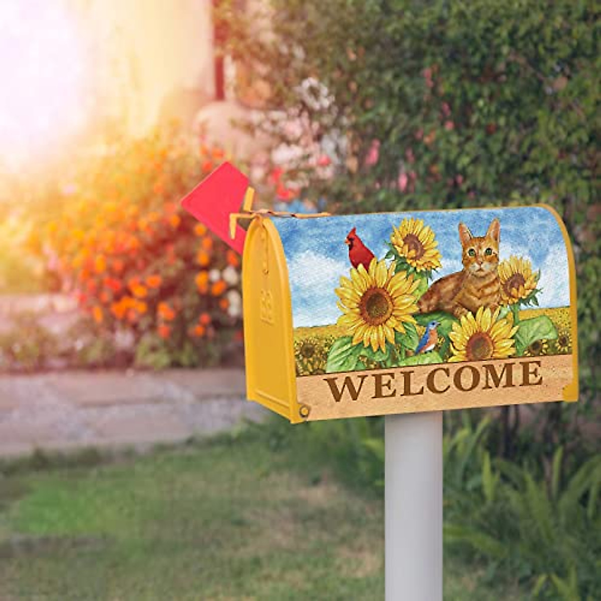 FBCOO Welcome Spring Summer Sunflower Cat Cardinal Mailbox Cover Magnetic Standard Size 21" x 19", Fall Autumn Kitty Tabby Flowers Decorative Post Letter Box Wrap Decor Red Bird Garden Yard Decoration