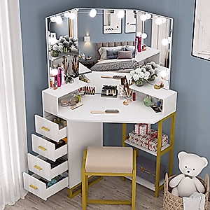 PAKASEPT Corner Vanity Set with Three-Fold Mirror & Light Bulbs, Women Makeup Desk with 4 Storage Drawers for Small Spaces, Bedroom