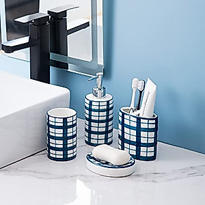 Ceramic Bathroom Accessories Set, Bath Vanity Countertop Blue Plaid Accessory Sets Complete, with Soap/Lotion Dispenser, Toothbrush Holder, Tumbler, Soap Holder