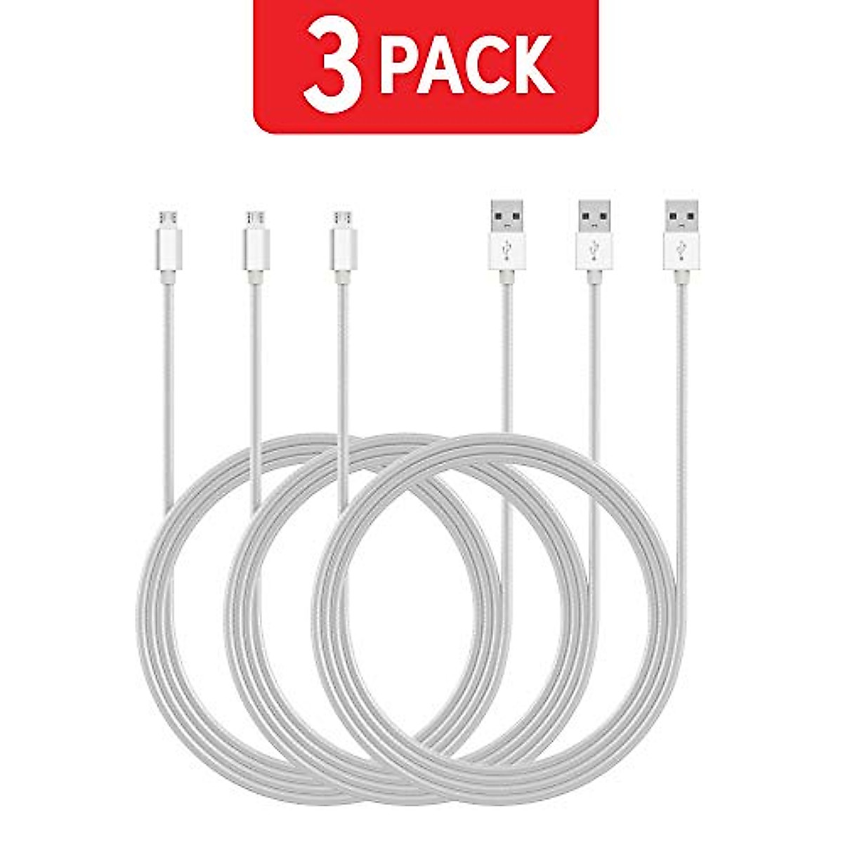 TALK WORKS Micro USB Cable 3 Pack 6ft Long Android Phone Charger Braided Heavy Duty Fast Charging Cord for Samsung Galaxy S6 / S7, Tablet, Bluetooth Speaker, Wireless Earbuds Headphones - Silver