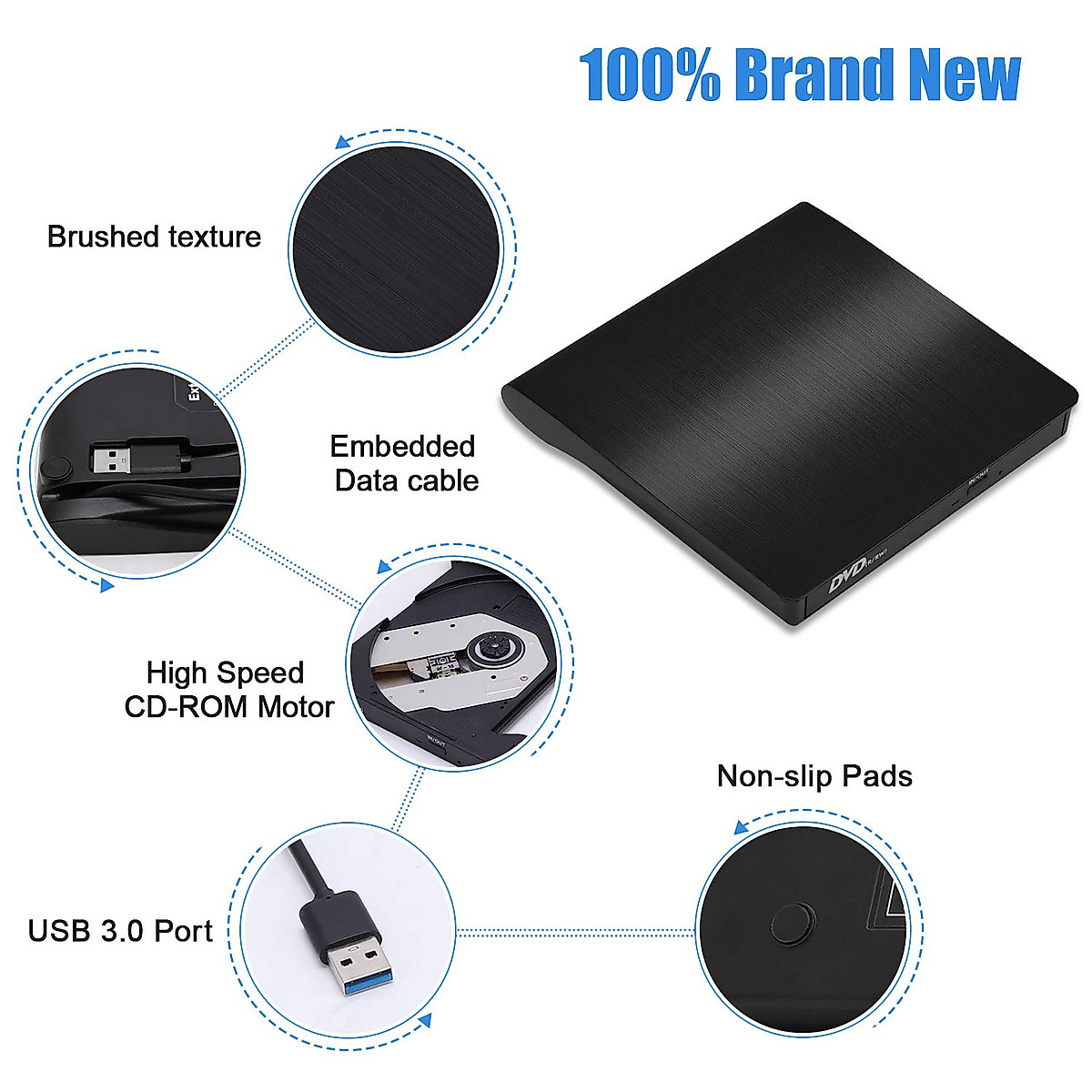 External CD/DVD Drive, USB 3.0 CD Player DVD Drive ROM +/-RW Optical Reader Writer Burner for Windows 10/8/7, Linux, Mac Laptop Desktop PC, MacBook Pro/ Air, iMac, Surface Pro (Black)