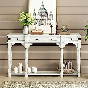 Solid Wood 60" Long Console Table with 3 Storage Drawers and Bottom Shelf, Mediterranean Retro-Style Accent Entryway Sofa Tables for Hallway Living Room, Semi-Open Storage Space (Creamy White-NM)