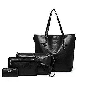 Women Vintage Handbag and Purse Leather Tote Shoulder Bag Large Satchel Top Handle Work Bag Set 4pcs