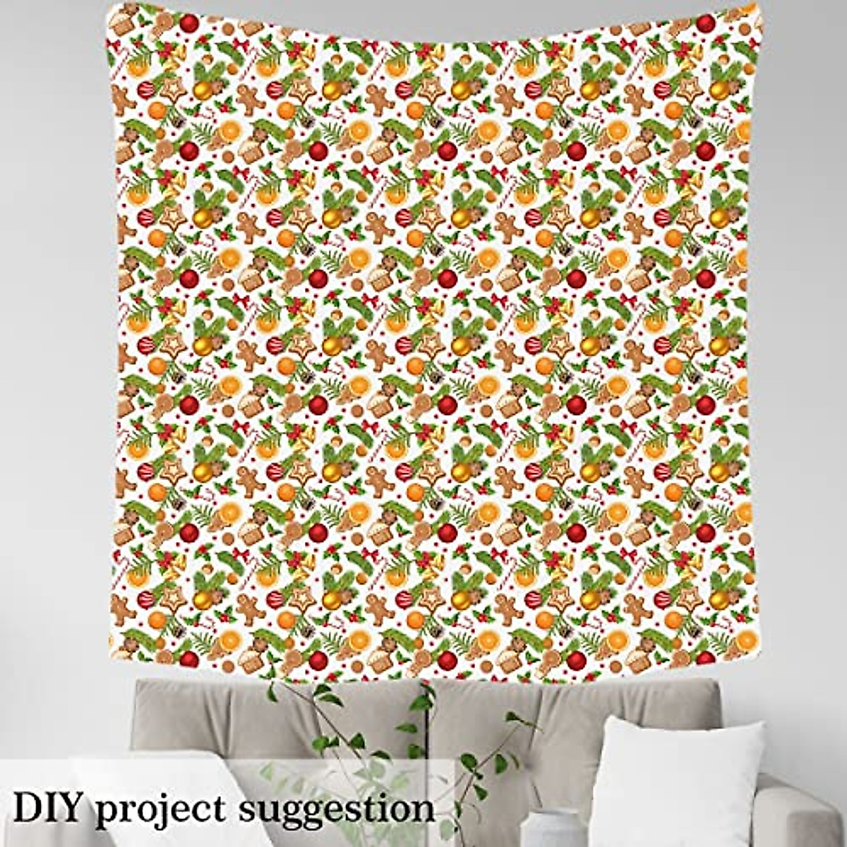 Feelyou Christmas Fabric by The Yard, New Year Gingerbread Cookies Bells Theme Upholstery Fabric for Chairs and Home DIY Projects, Candy Cane Pattern Decorative Waterproof Outdoor Fabric, 1 Yard