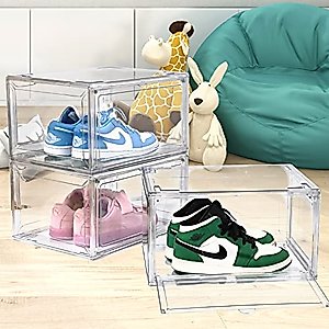 EDS FAM 4 Pack Sneaker Storage for Sneakerheads Shoe Boxes Crates Clear Plastic Stackable Boot Display Case