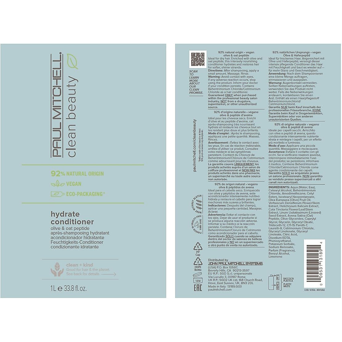 Paul Mitchell Clean Beauty Hydrate Conditioner, Intensely Nourishing Conditioner, Improves Manageability, For Dry Hair, 33.8 fl. oz.