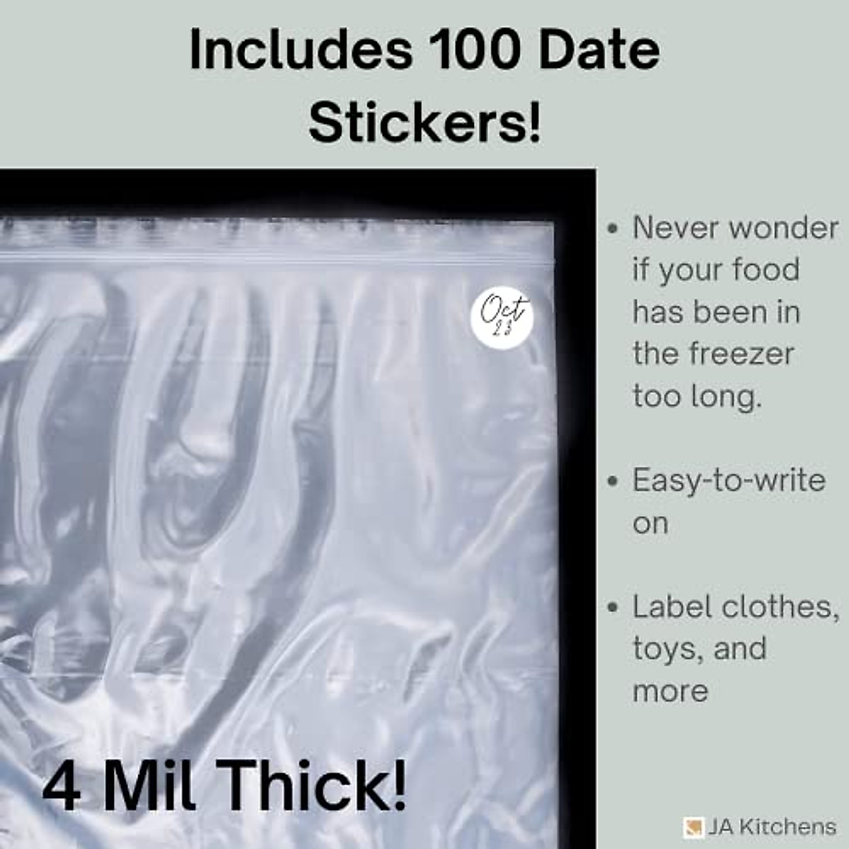 4 Mil - 2 Gallon - 13 x 15 Inch - Extra Heavy Duty Zippered Recloseable Plastic Freezer Bags (Pack of 100) with Date Labels