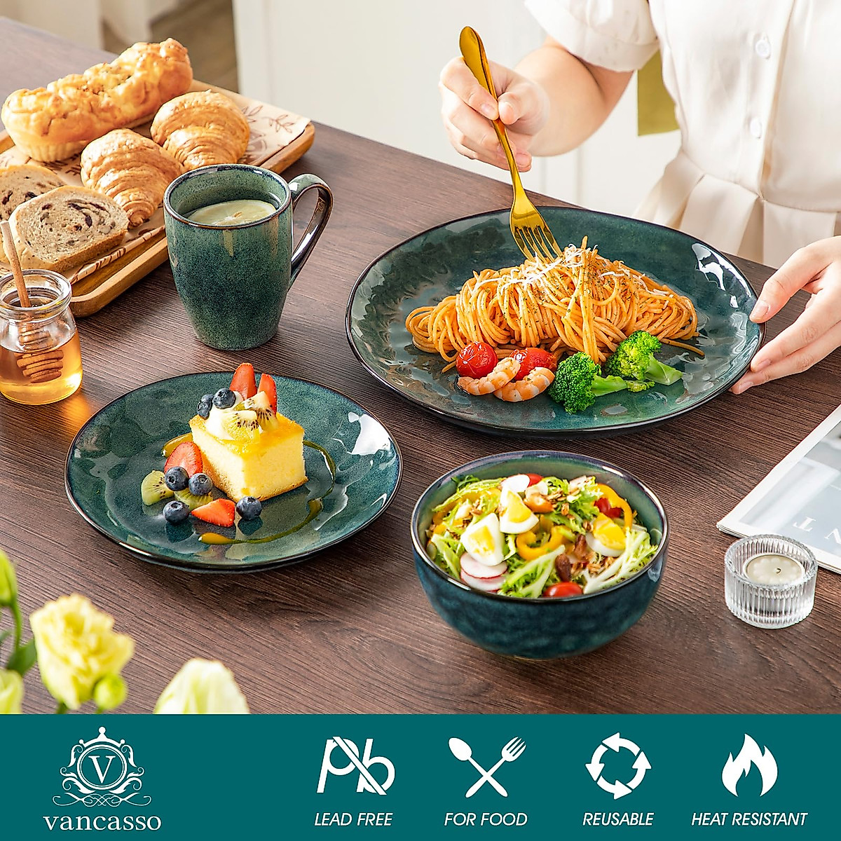 vancasso Starry 16 Pieces Green Dinnerware Set, Reactive Change Glaze Dinner Set, Plates and Bowls Set