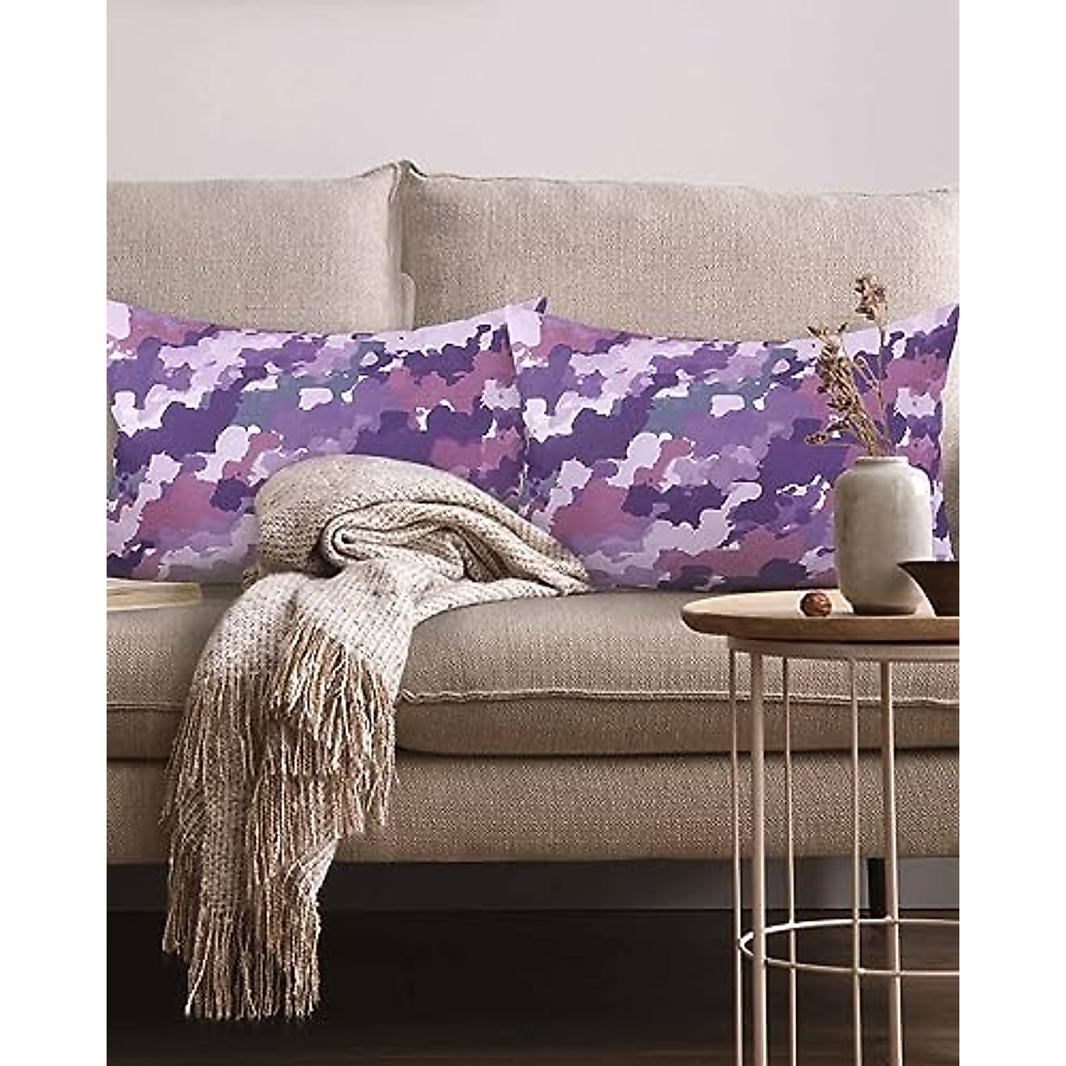 LUSWEET Cotton Throw Pillow Covers Reversible Set of 2, Camouflage Netting Camo Purple Soft Couch Pillow Covers for Sofa Bedroom Living Room 12 x 20 Inch Decorative Cushion Case Home Decor