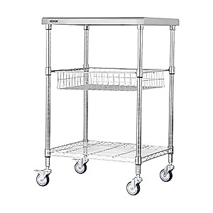 VEVOR Kitchen Utility Cart, 3 Tiers, Wire Rolling Cart with 470LBS Capacity, Steel Service Cart on Wheels, Metal Storage Trolley with 76mm Basket Curved Handle PP Liner 6 Hooks, for Indoor and Outdoor