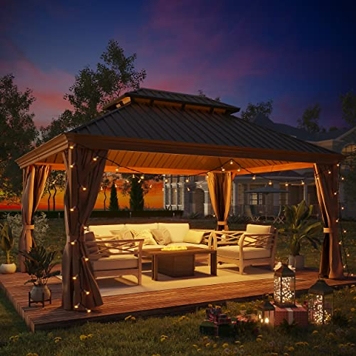 GAZEBEST 12' X 16' Hardtop Gazebo, Outdoor Aluminum Patio Gazebo Double Roof Galvanized Steel Wooden Finish Coated Canopy with Netting and Curtains for Garden, Patio, Backyard, Deck and Lawns.