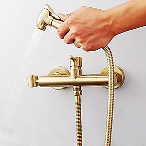 MINJING Bidet Sprayer Kit for Toilet Brushed Gold Multifunction Wall Mounted Bidet Attachment Faucet Toilet Sprayer Tap Attachment with Shower Hose