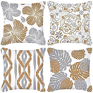 Willing Life Pack of 4 Waterproof Outdoor Indoor Throw Pillow Covers 18x18 Decorative Grey Floral Leaf Boho Pillowcases Double-Sided Cushion Covers for Garden Patio Swing Balcony Sofa Couch