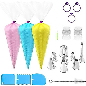119 Pieces Disposable Piping Bags and Tips Set 12 Inches - 100 Anti Burst Pastry Bags with 8 Nozzle Tips, 3 Bag Ties and 3 Cake Scrapers, icing piping kit, for Frosting and Cookie decorating & more