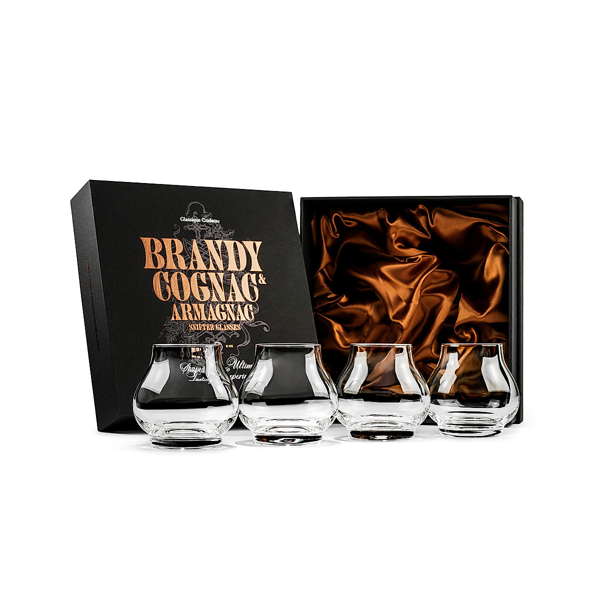 Small 8 oz Brandy, Cognac and Armagnac Tasting Glasses | Set of 4 | Professional Balloon Shaped Snifters for Nosing and Sipping Neat Liquor and Spirits | Crystal Stemless Gift Sniffers